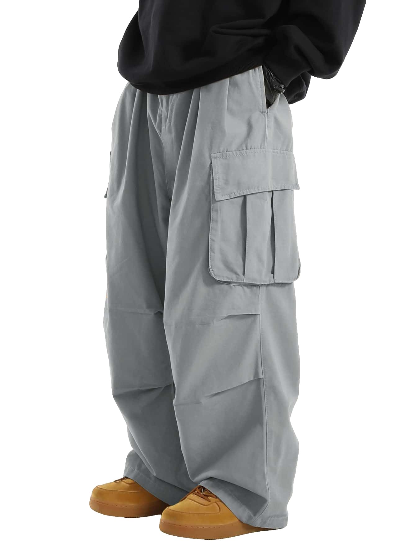 OYOANGLE Men's Drawstring Elastic Waist Flap Pockets Streetwear Baggy Cargo Pants Joggers Hiking Trousers Light Grey L