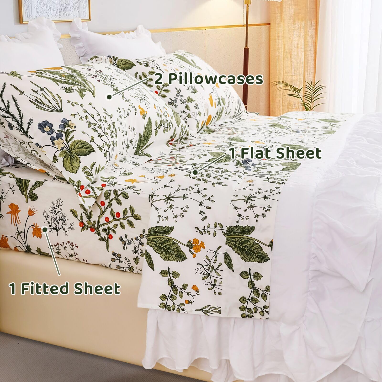 QSH 100% Cotton Sheets for Queen Size Bed, Yellow Flowers Plant Pattern Botanical Luxury Cotton Printed Floral Bedding Sheets Queen Soft and Breathable 4pcs Deep Pocket Queen Sheet Set