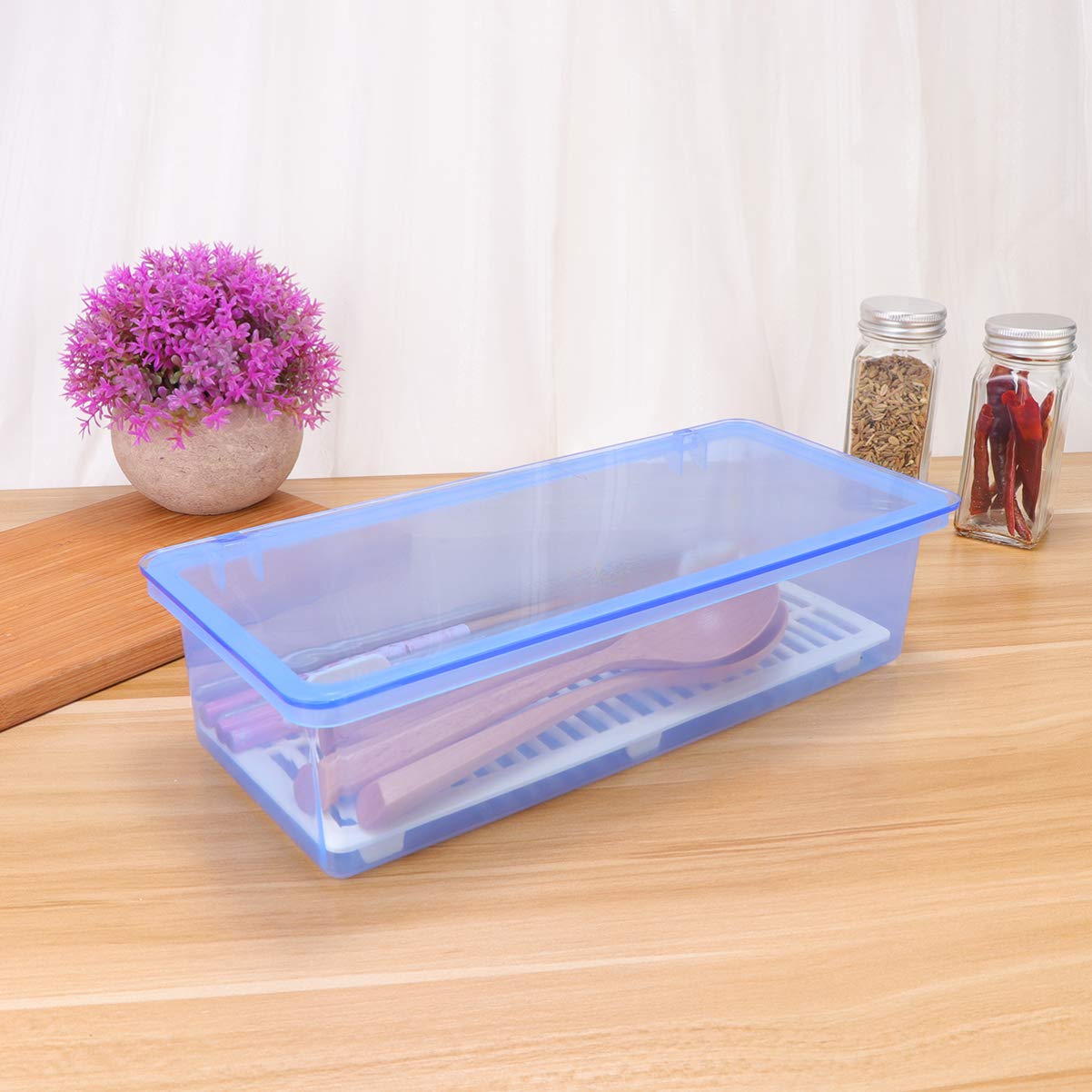 UPKOCH Flatware Tray with Lid Kitchen Cutlery Organizer Drainer Box Plastic Utensil Storage Container Silverware Dinnerware Holder for Countertop Blue