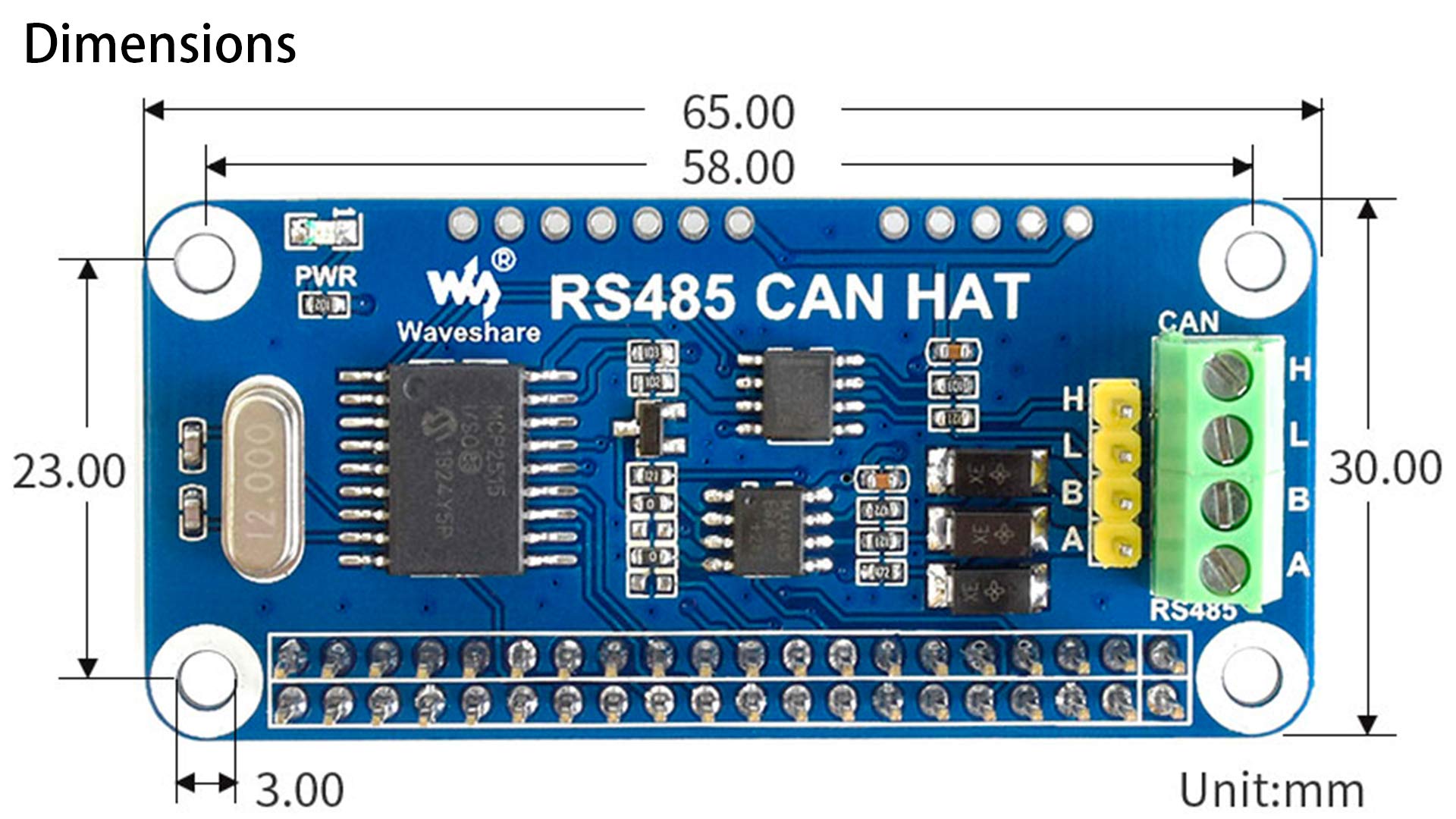 RS485 CAN HAT for Raspberry Pi 4B/3B+/3B/2B/B+/A+/Zero/Zero W/WH/Zero 2W, Long-Distance Communication via RS485/CAN Function Onboard CAN Controller MCP2515 via SPI Interface Transceiver SIT65HVD230DR