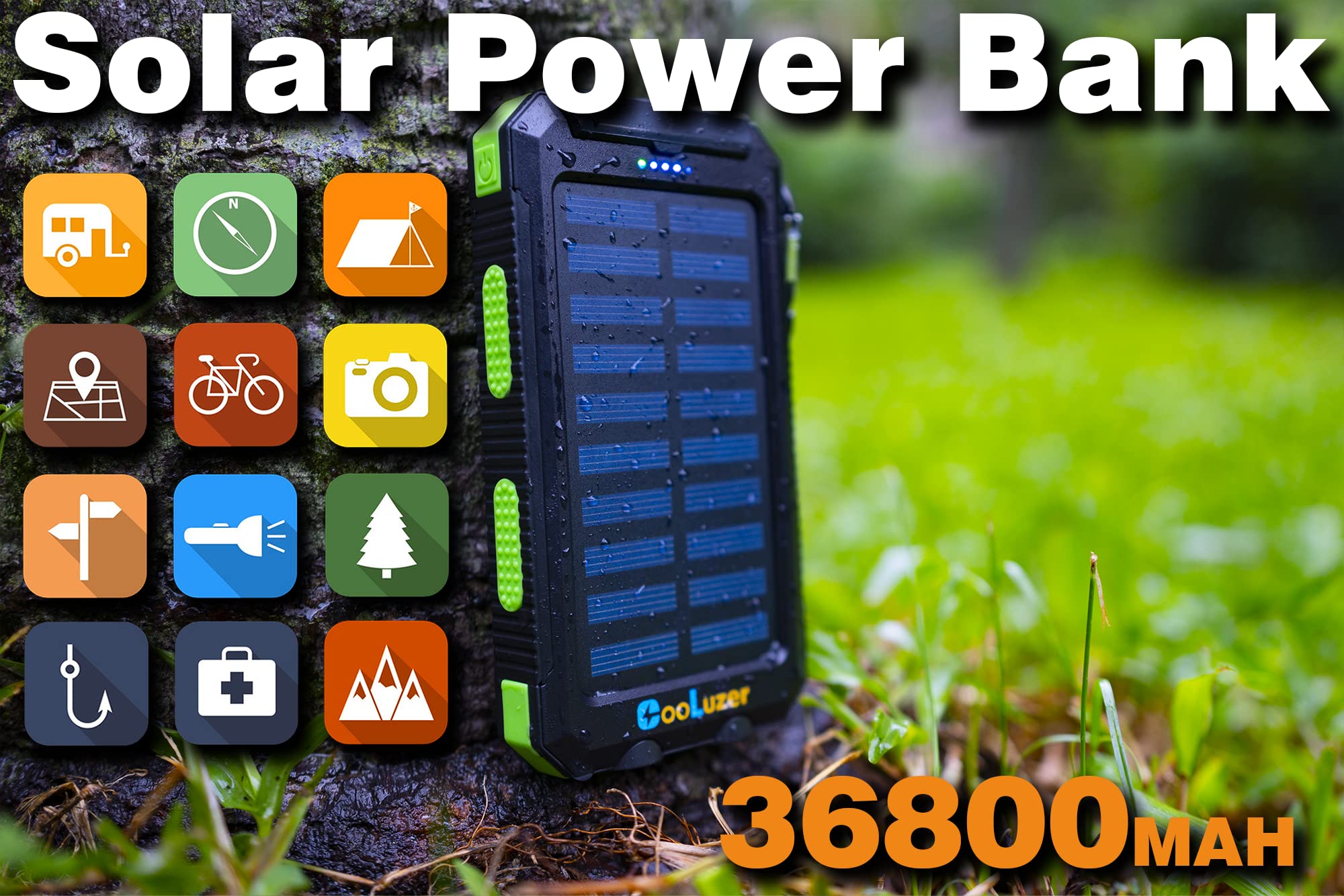 Solar Power Bank 36800mah, Solar Charger Power Bank with 18W PD 5V 3.1A outputs, IP67 Waterproof, Grade A+ Battery with LED Flashlight and Compass, Perfect Camping Gear Accessory for Outdoor (Green)