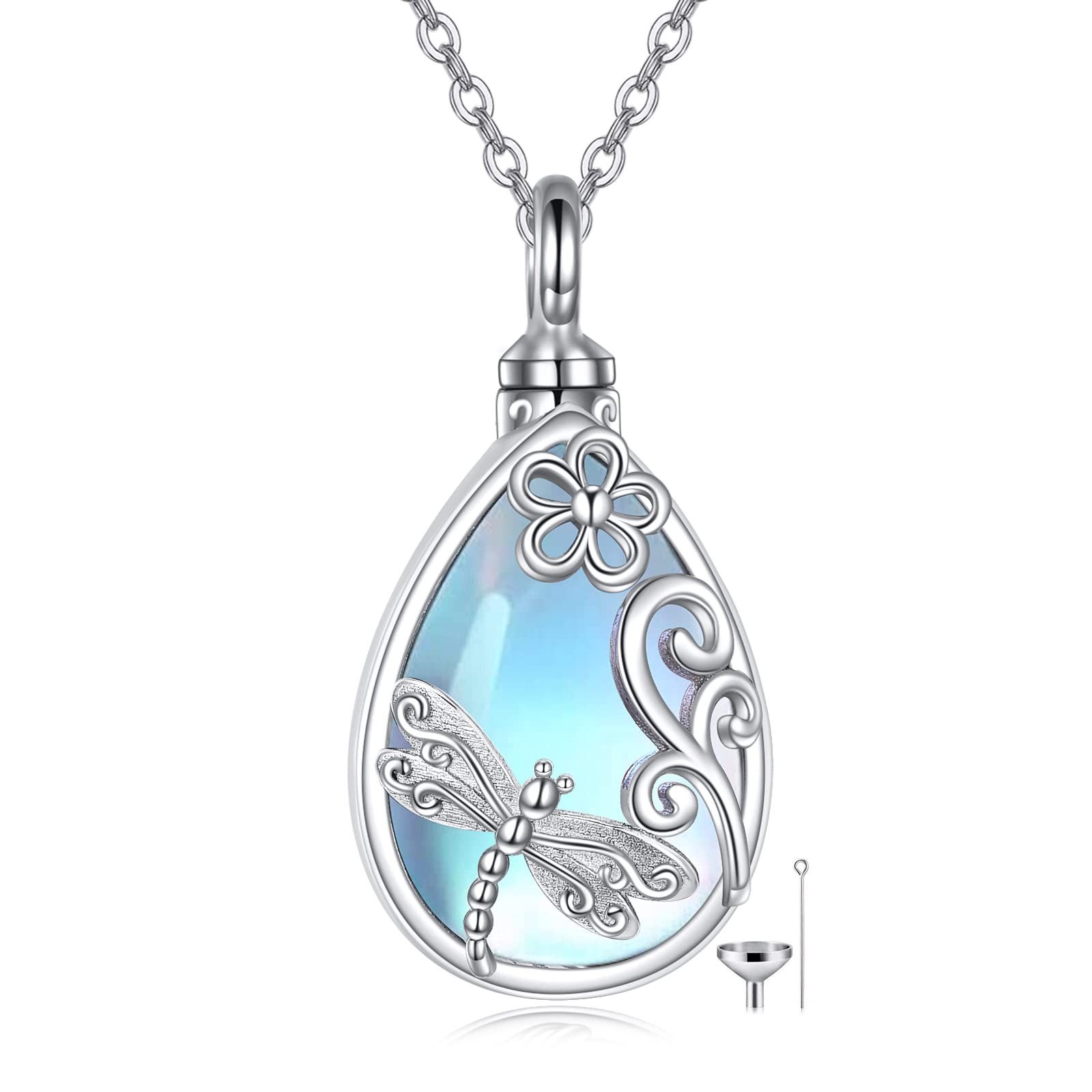 ONEFINITY Dragonfly Moonstone Urn Necklace for Ashes 925 Sterling Silver Teardrop Moonstone Dragonfly Pendant Cremation Keepsake Necklace for Women Jewelry