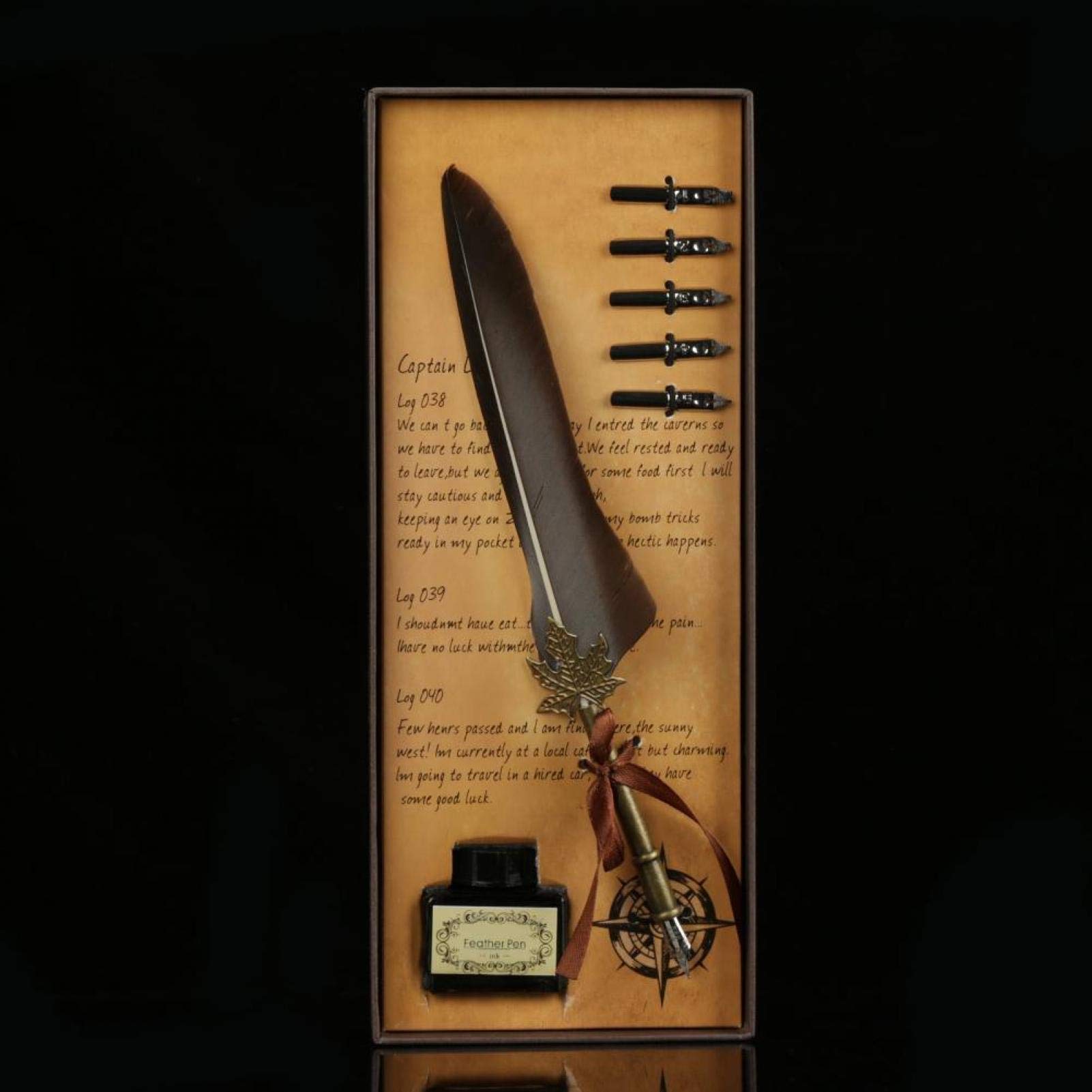 Quill Feather Pen with 5 Steel Replacement Nibs and Dip Ink Bottle in Vintage Gift Box for Antique Calligraphy (Gray)