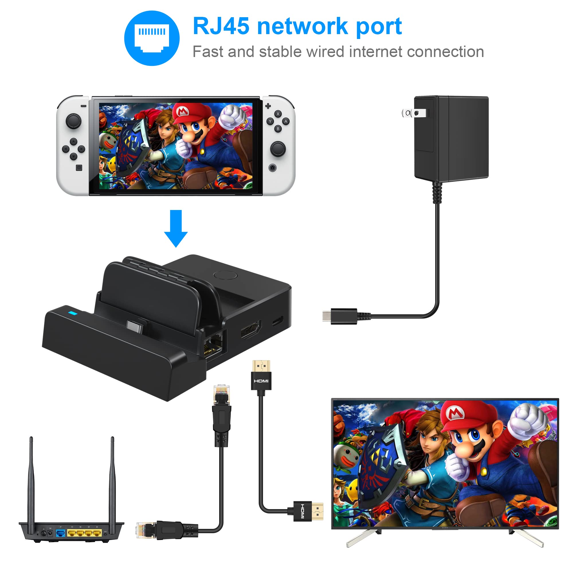 TV Dock Docking Station for Nintendo Switch OLED/Nintendo Switch, with Extra Female Ethernet Port, Foldable Portable Charging Stand, Switch to HDMI Adapter 4K 1080P, Replacement Charging Dock