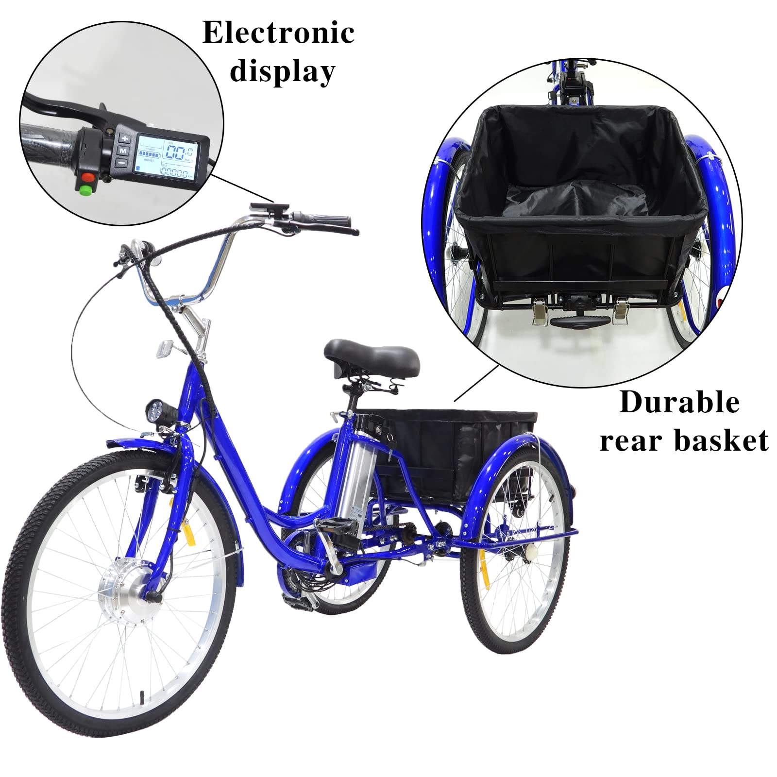 TMIAD 3 Wheel Electric Bicycle 24" Tricycle for Adults with 350w Motor and 36V 12Ah Removable Lithium Battery, Low Step-Through Aluminum Frame, Cargo Basket (Blue 1)