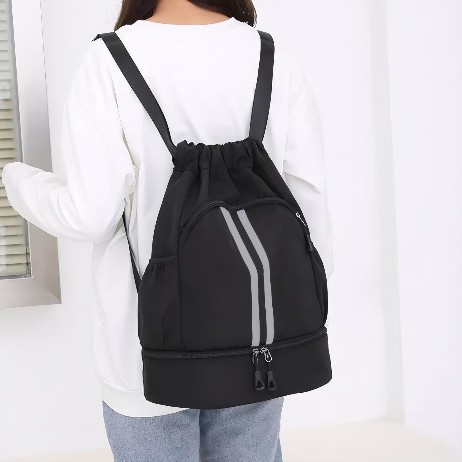 Oziral Drawstring Backpack, Water-Resistant Sports Gym Bag with Shoe Compartment and Two Side Mesh Pockets, String Backpack with Reflective Strip for Men and Women (Grey)