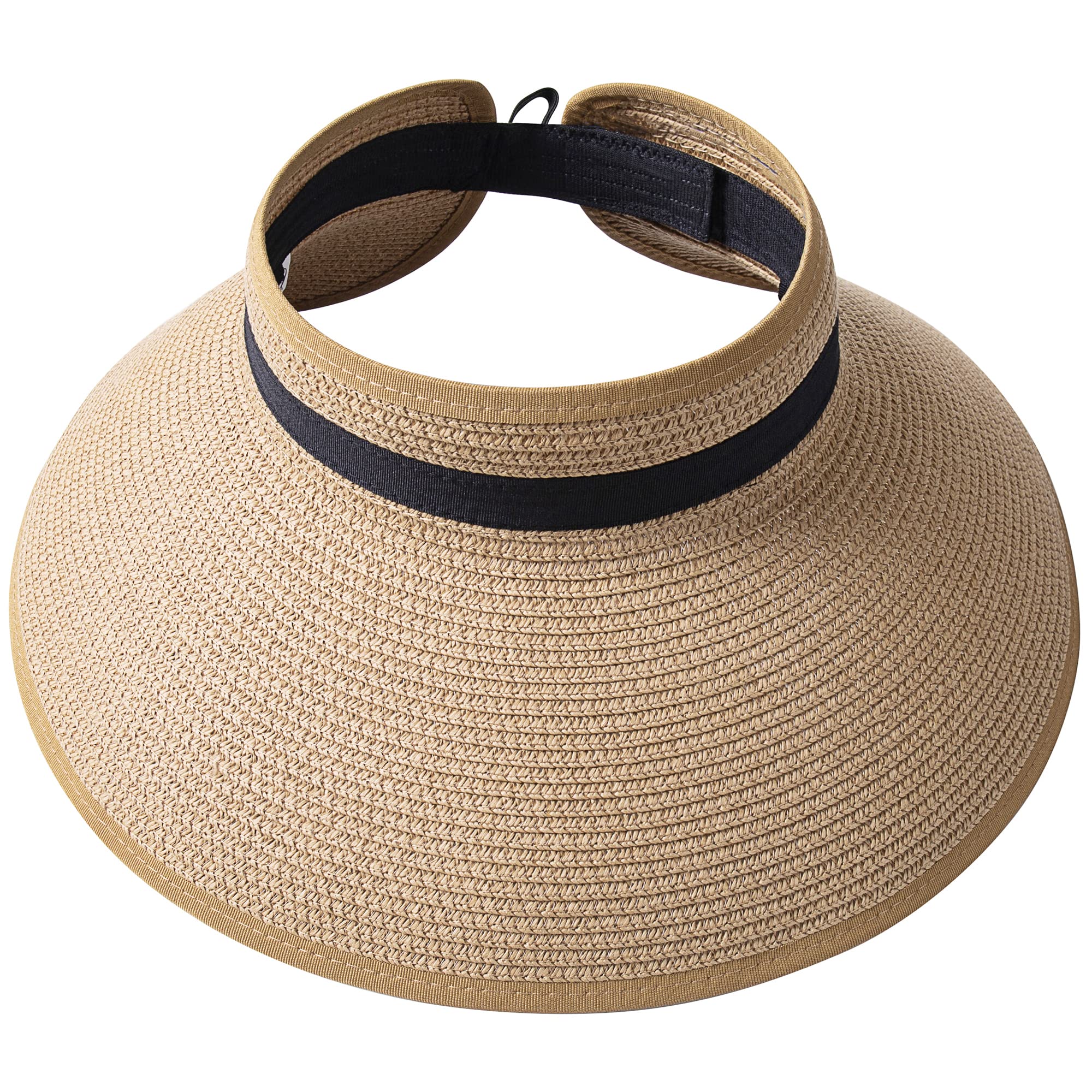 Sun Visor Hats for Women, Summer Beach Hat with Wide Brim, Adjustable Sun UV UPF50+ Protection Visor Hat, Roll Up Ponytail Hat Packable Foldable for Travel Vacation A-Khaki