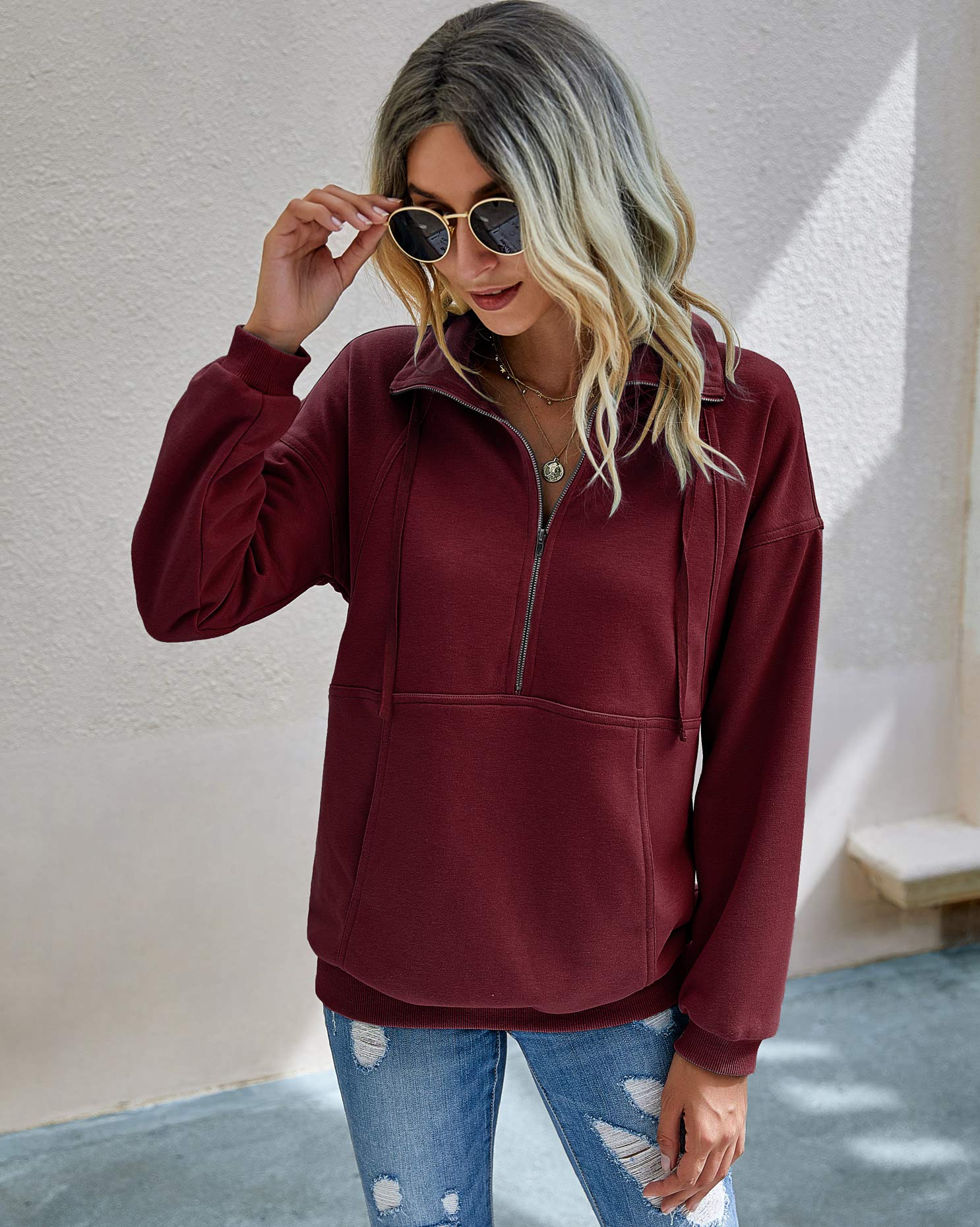 PRETTYGARDEN Women’s Casual Long Sleeve Lapel Zipper Sweatshirt Drawstring Loose Pullover Tops Wine Red