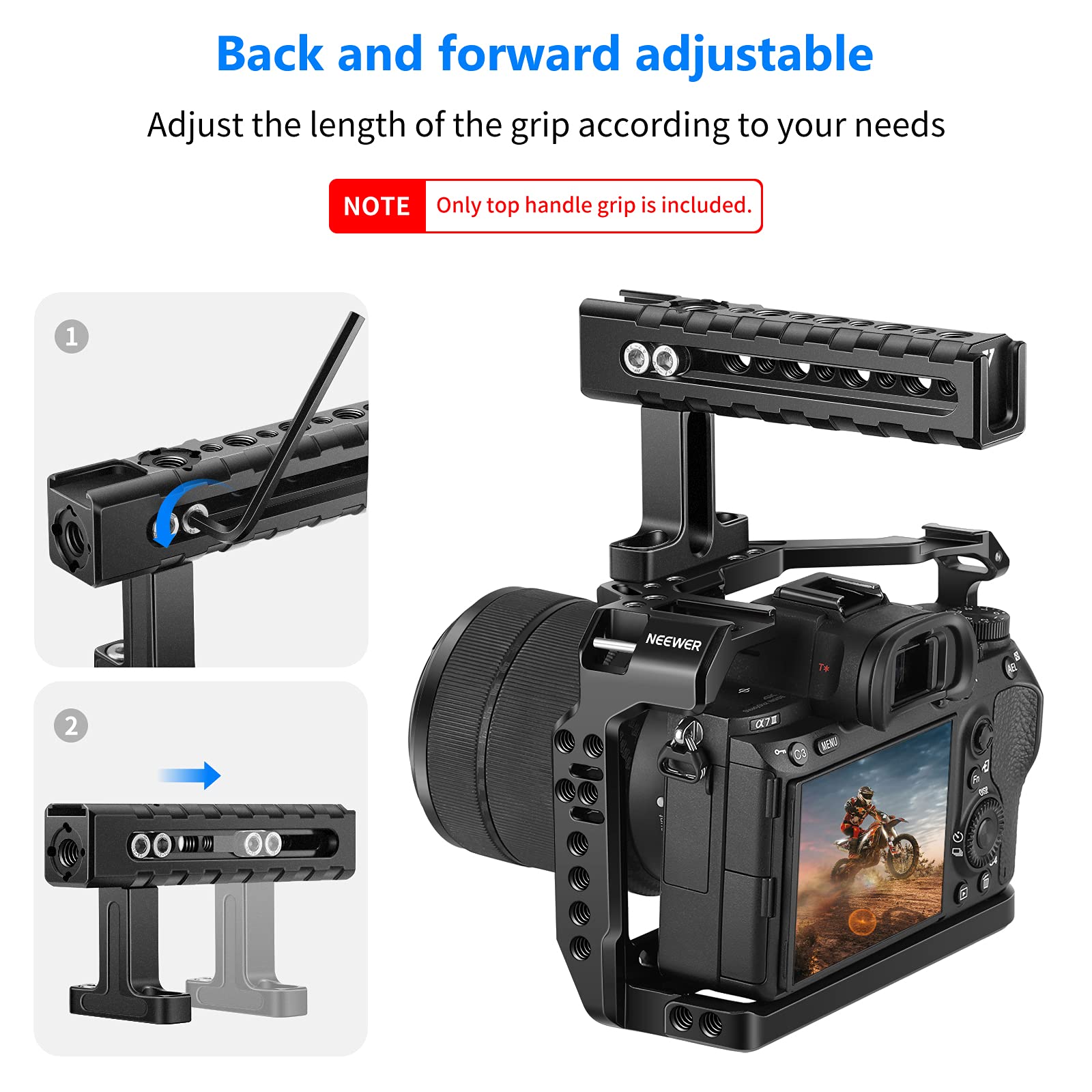 Neewer Top Handle Grip, Video Camera Cage Handle with Locating Holes, 1/4" & 3/8" Mounting Screws, and Cold Shoes for LED Light, Monitor, Microphone, Compatible with SmallRig Camera Cage - VS104