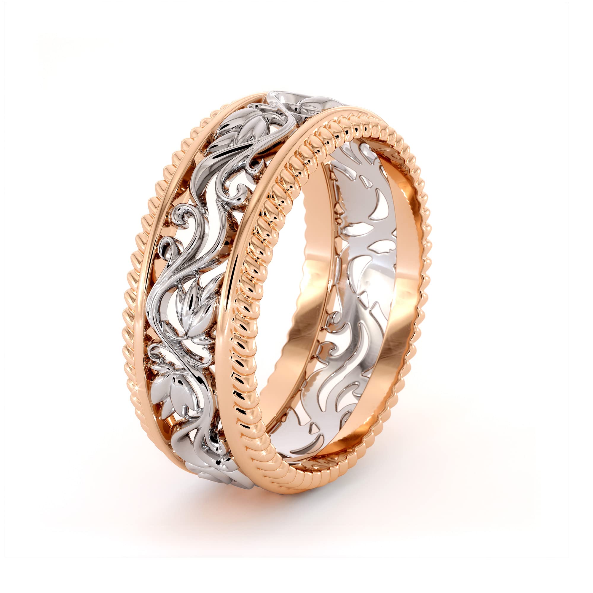 Sunargi Filigree Two Tone Wedding Ring for Unisex in 925 Sterling Silver White & Rose Gold Finish (Silver, 8.5)