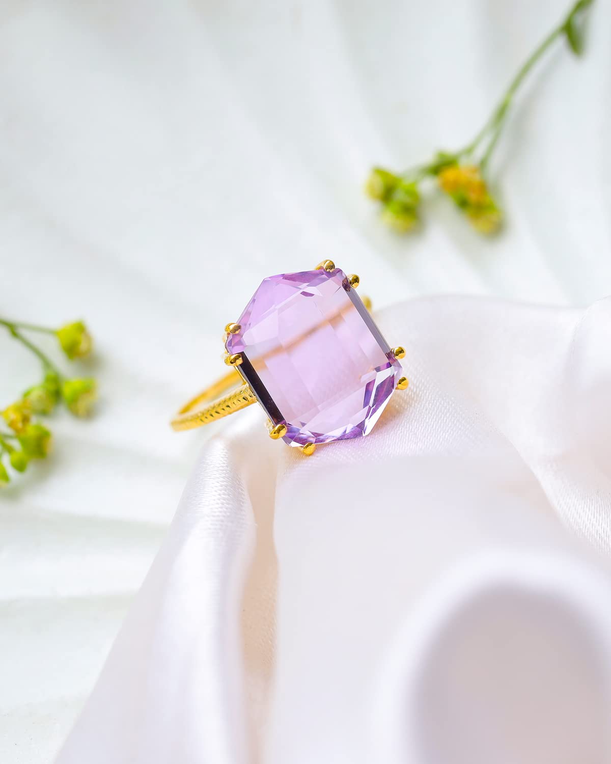 YoTreasure Natural Amethyst Gold Plated over 925 Sterling Silver Statement Double Prong Ring For Women