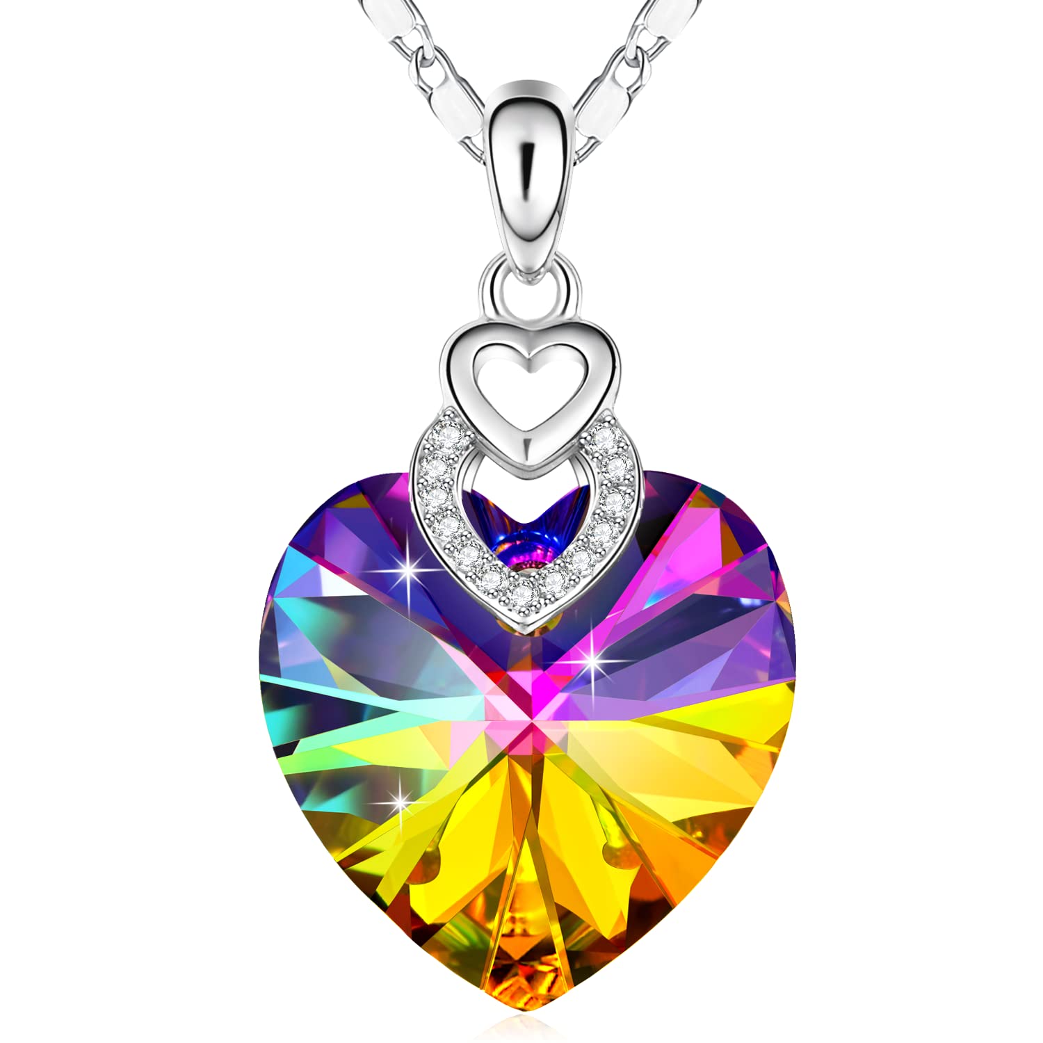 PLATO H 3 Heart Rainbow Crystal Necklace for Women Anniversary Day Gifts for her Pendant Crystal Jewelry Necklace for Girl Wedding Gifts for Mother's Day Valentine’s Day Birthday