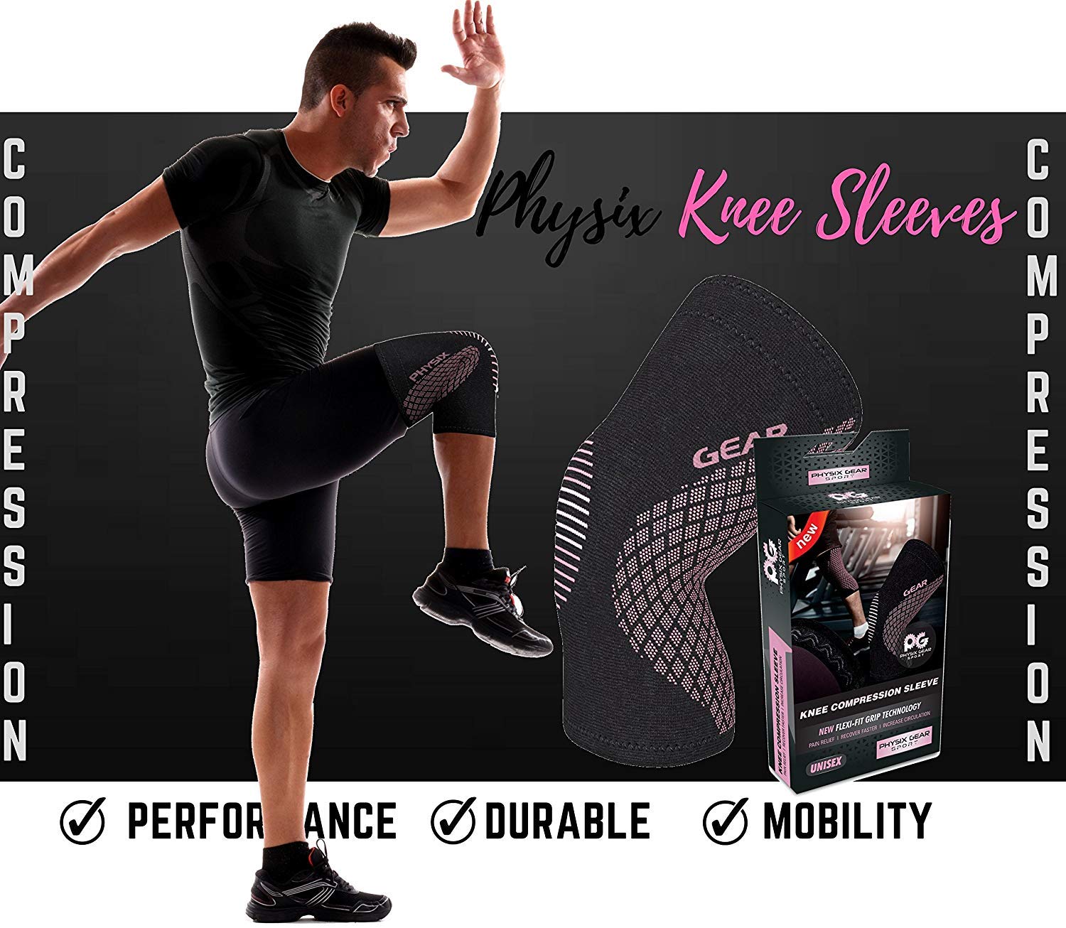 PHYSIX GEAR Knee Support Brace - Premium Recovery & Compression Sleeve for Meniscus Tear, ACL, MCL Running & Arthritis - Best Neoprene Stabilizer Wrap for Crossfit, Squats & Workouts (Single Pink L)