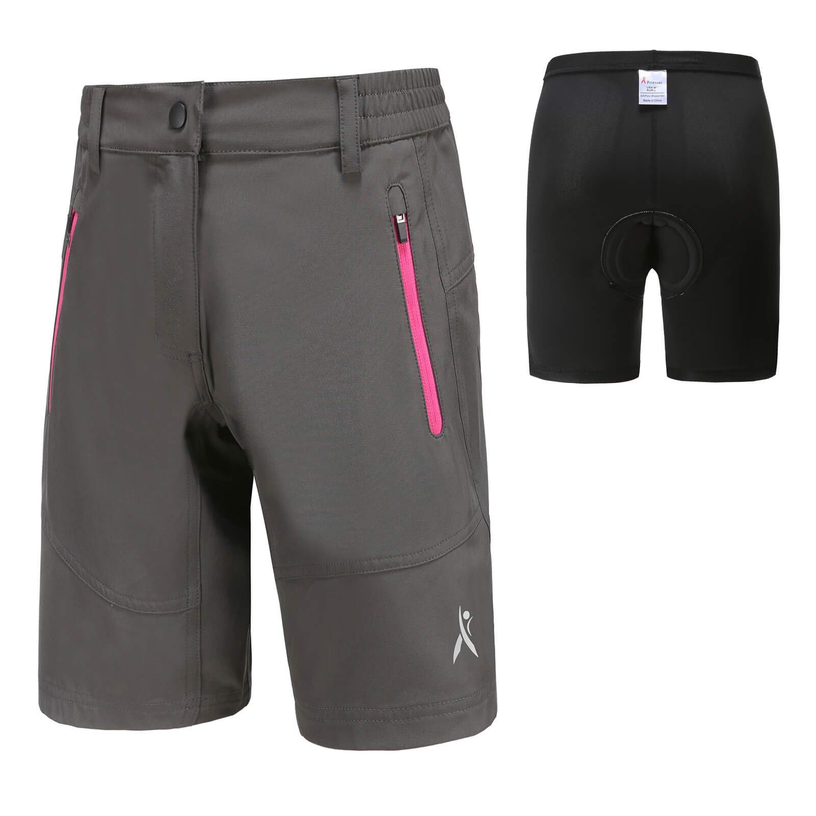 PRIESSEI Womens Bike Shorts with Padding, Detachable 3D Padded Breathable Biking Cycling Shorts with Pockets Grey M