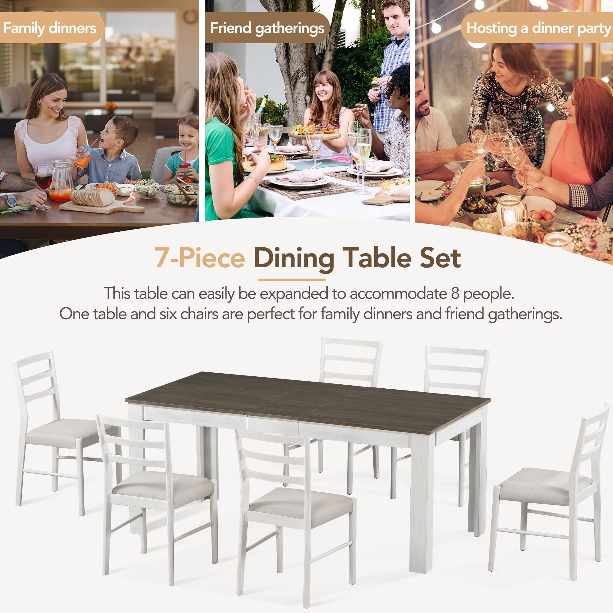 P PURLOVE 7 Pieces Dining Table Set, Wood Rectangular Kitchen Table and 6 Cushion Dining Chairs, Mutifunctional Extendable Table with 12" Leaf and 2 Drawers for 6 Person (Brown and White)