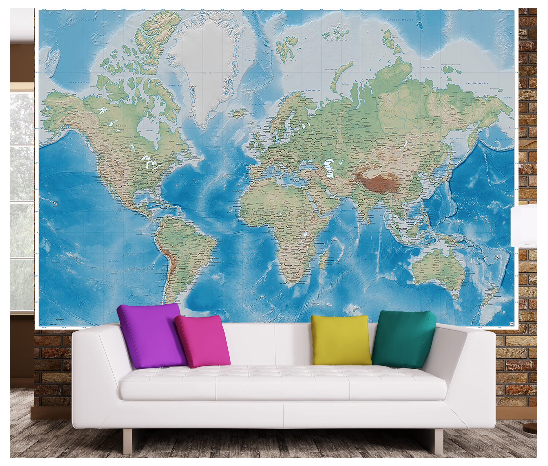 Photo Wallpaper β Modern World Map β Picture Decoration Miller Projection Plastically Relief Design Earth Atlas Globe Continents Image Decor Wall Mural (82.7x55.1in - 210x140cm)