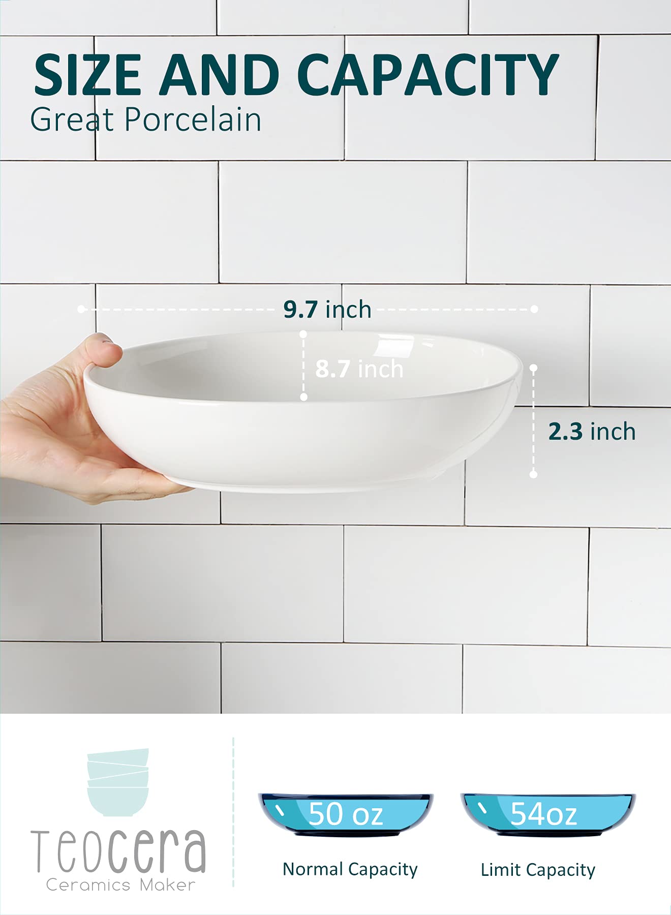Teocera Pasta Bowls, Salad Bowls Set, Large Serving Bowls, 50 Ounce Porcelain White Bowls Set of 4 - Square Design, Microwave Dishwasher Safe