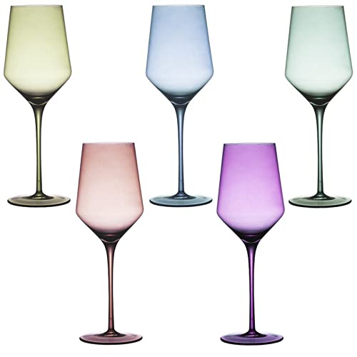Tergy 5 Packs 15oz Wine Glasses Multicolor Clear Wine Glasses for Wedding Party Home Dinning
