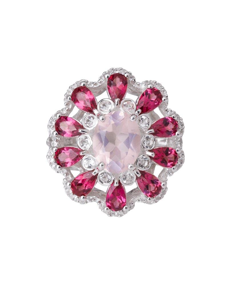 YoTreasure Rose Quartz Rhodolite White Topaz 925 Sterling Silver Engagement Wedding Rings for Women
