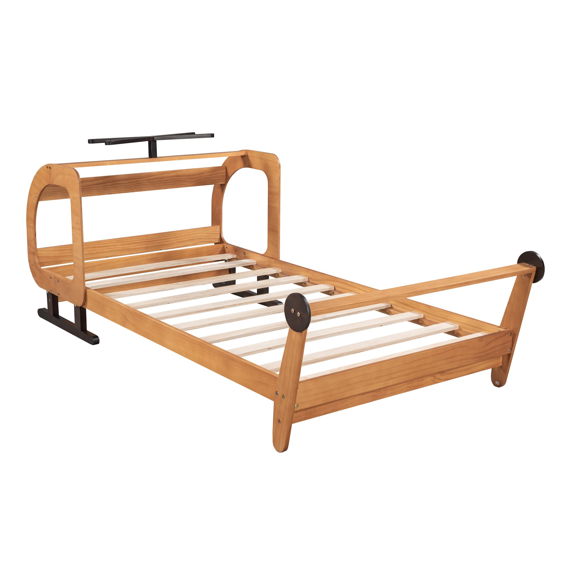 PRNDOLE Plane Shaped Twin Size Platform Bed with Rotatable Propeller and Shelves,Wood Twin Bed Frame,Natural
