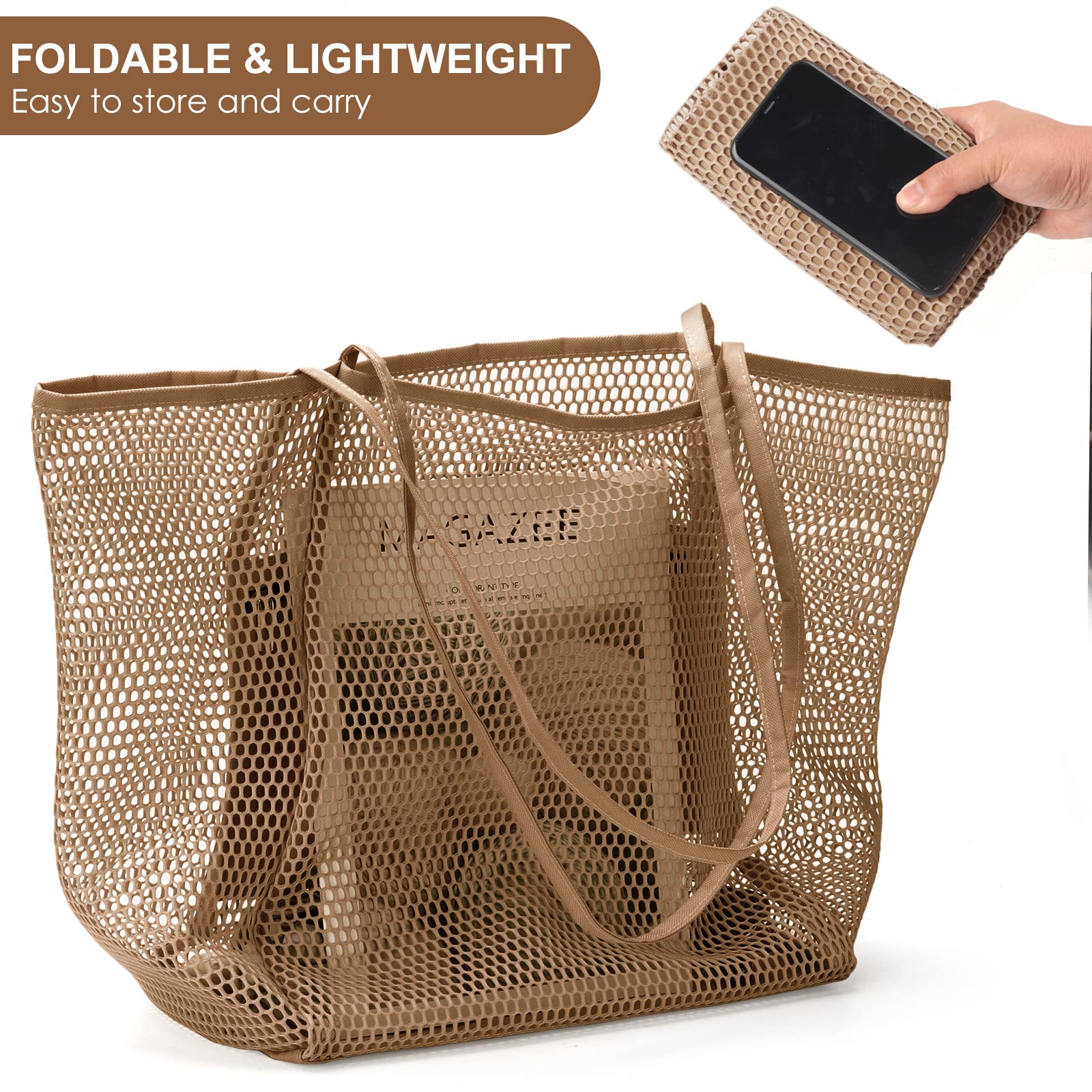Nausear Mesh Tote Beach Bag Womens Shoulder Handbag - Spacious, Durable, Breathable, Stylish, Multi-Purpose (Brown)