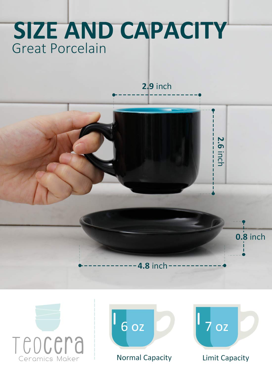 Teocera Porcelain Cappuccino Cups with Saucers - 6 Ounce for Coffee Drinks, Latte, Cafe Mocha and Tea - Set of 6, Black Multi Color