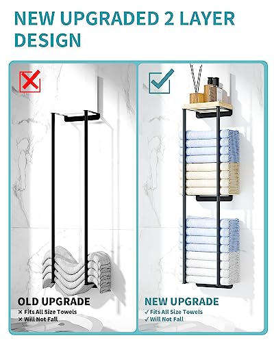 Towel Racks for Bathroom, 2 Tier Wall Towel Holder with Wood Shelf, Metal Wall Towel Rack Mounted Towel Storage for Small Bathroom (Black