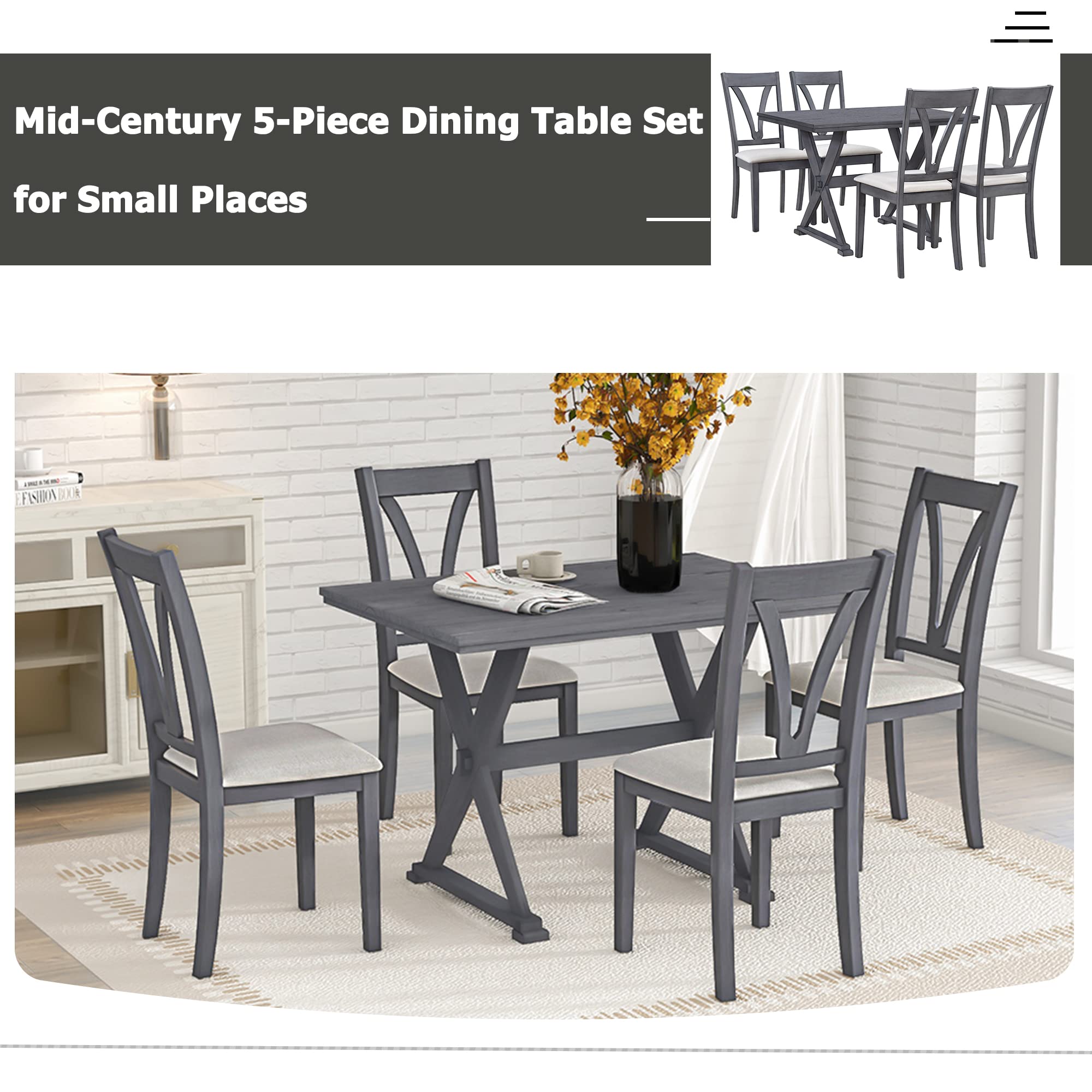 Prohon 5-Piece V-Shaped High Backrest Upholstered Chair for 4, Mid-Century Dinner Furniture w/Strong Rubber Wood Legs for Small Space, Kitchen, Apartment, Antique Grey, Dining Table Set for 4