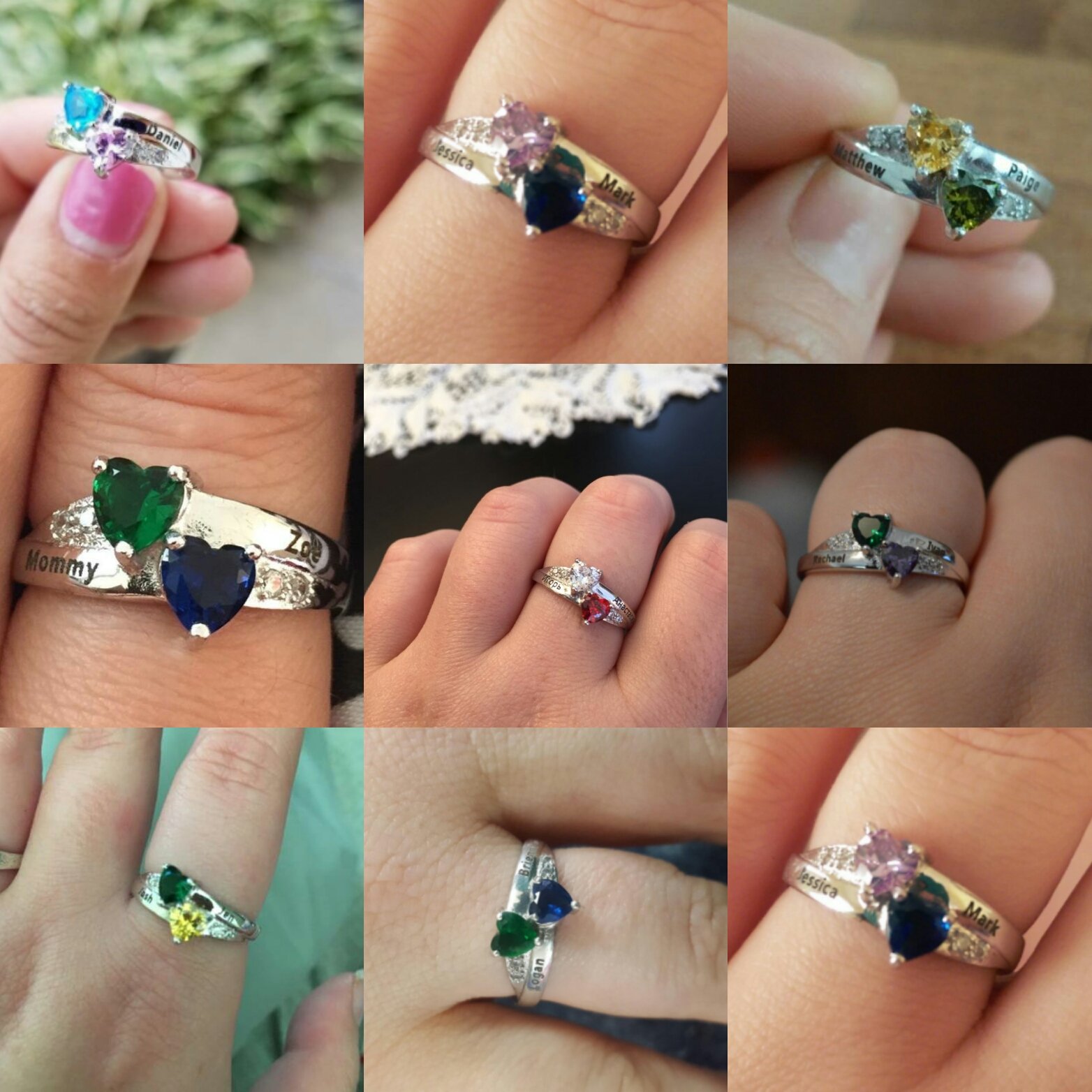 Personalized Mother Daughter Rings with 2 Heart Simulated Birthstones Custom Women Promise Rings for Her (8)
