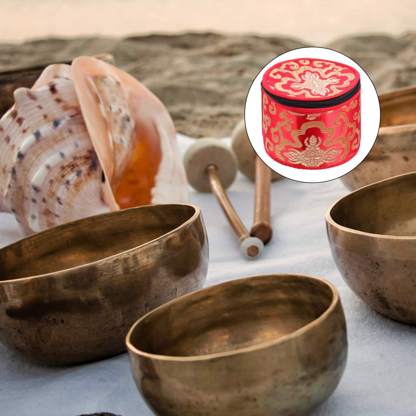 Tibetan Singing Bowl Bag Zipper Buddhist Meditation Bowl Tote Holder Portable Travel Outdoor Chanting Bowl Storage Case 12X9.5CM (Random Color)