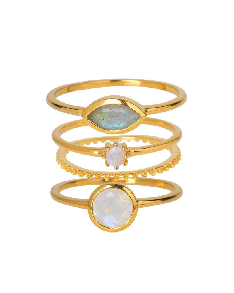YoTreasure Moonstone Labradorite Love Ring Gold Over Silver Stackable Rings Set