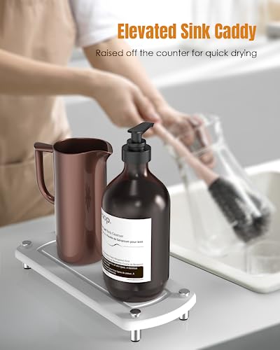 Sink Caddy Instant Dry Sink Organizer for Kitchen Bathroom Countertop, Sponge Holder for Kitchen Sink, Diatomaceous Earth Fast Drying Stone Sink Tray, White