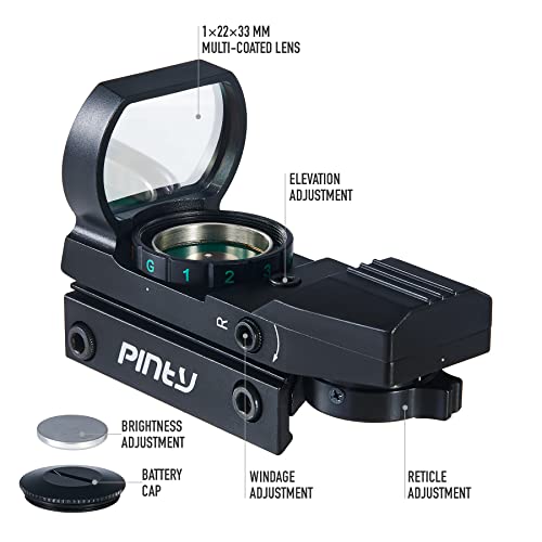 Pinty Red Green Dot Sight Reflex Tactical Riflescope 4 Reticle Patterns with 20mm Free Mount Rails
