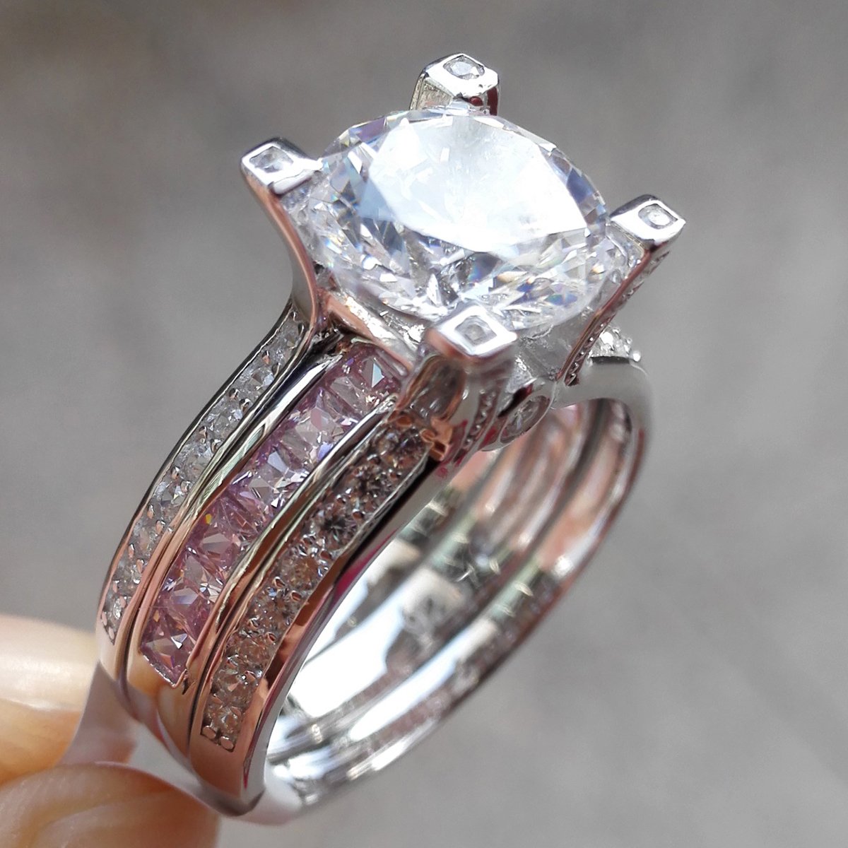 Newshe Jewellery Round Pink Cz 925 Sterling Silver Wedding Band Engagement Ring Sets Size 9