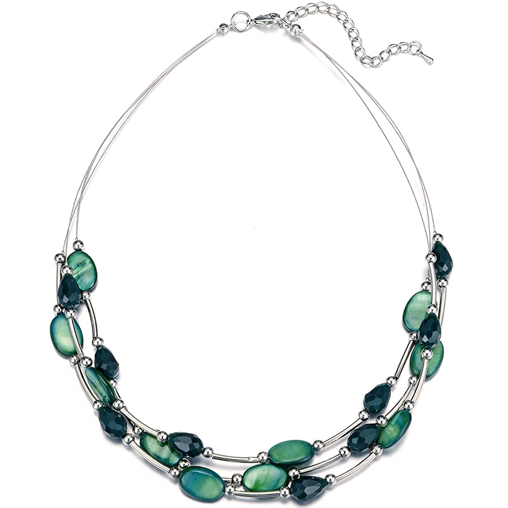 PEARL&CLUB Crystal Layered Statement Necklace For Women - Choker Necklace with Chunky Silver Chain, Birthday Gifts For Women (13-Dark green)
