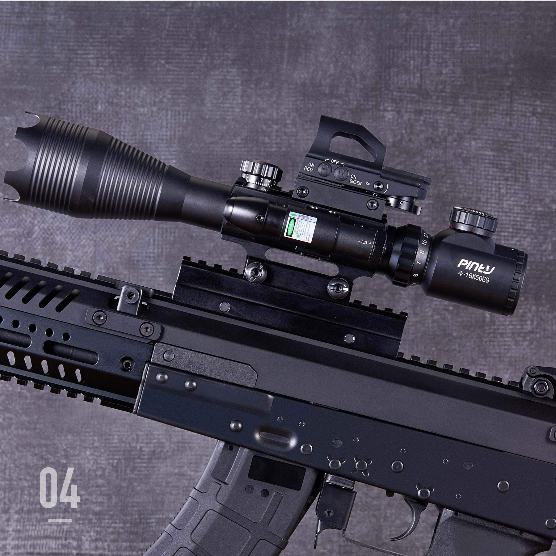 PINTY Rifle Scope Red Dot Laser Combo β 4in1 Gun Set with 4-16x50 Illuminated Hunting Scope, Green/Red Dot, Green Laser Sight, Pic Riser β Tactical Scope and Laser for Shooting Airsoft More, Black