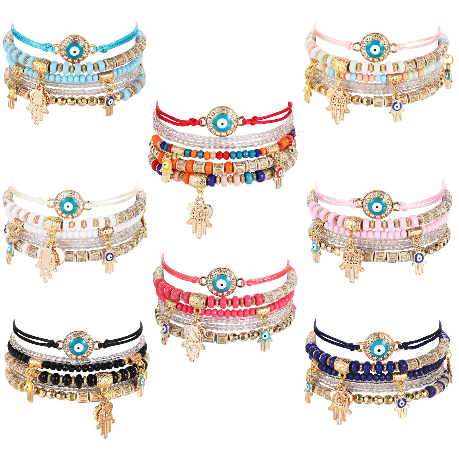 Yowivon 8 Sets Evil Eye Bracelets Pack Boho Jewelry Gifts for Women Colorful Mexican Bohemian Stretch Stackable Beaded Bracelet Hippie Bracelets