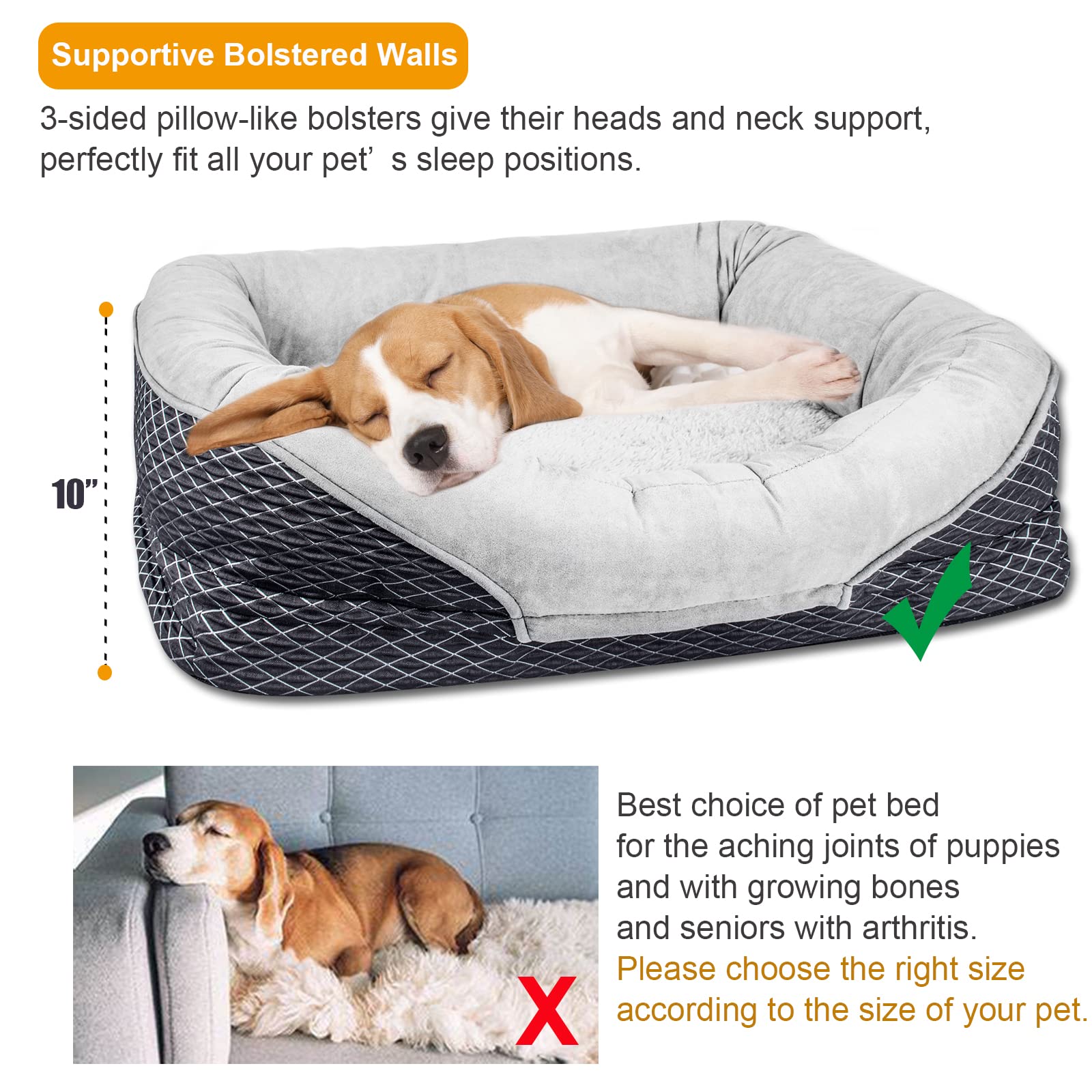 Pet Deluxe Large Gray Diamond Orthopedic Dog Bed with Removable Washable Cover,Soft Cotton Bolster, and Ultra Soft Plush Sleeping Space -(L-41x28 in)