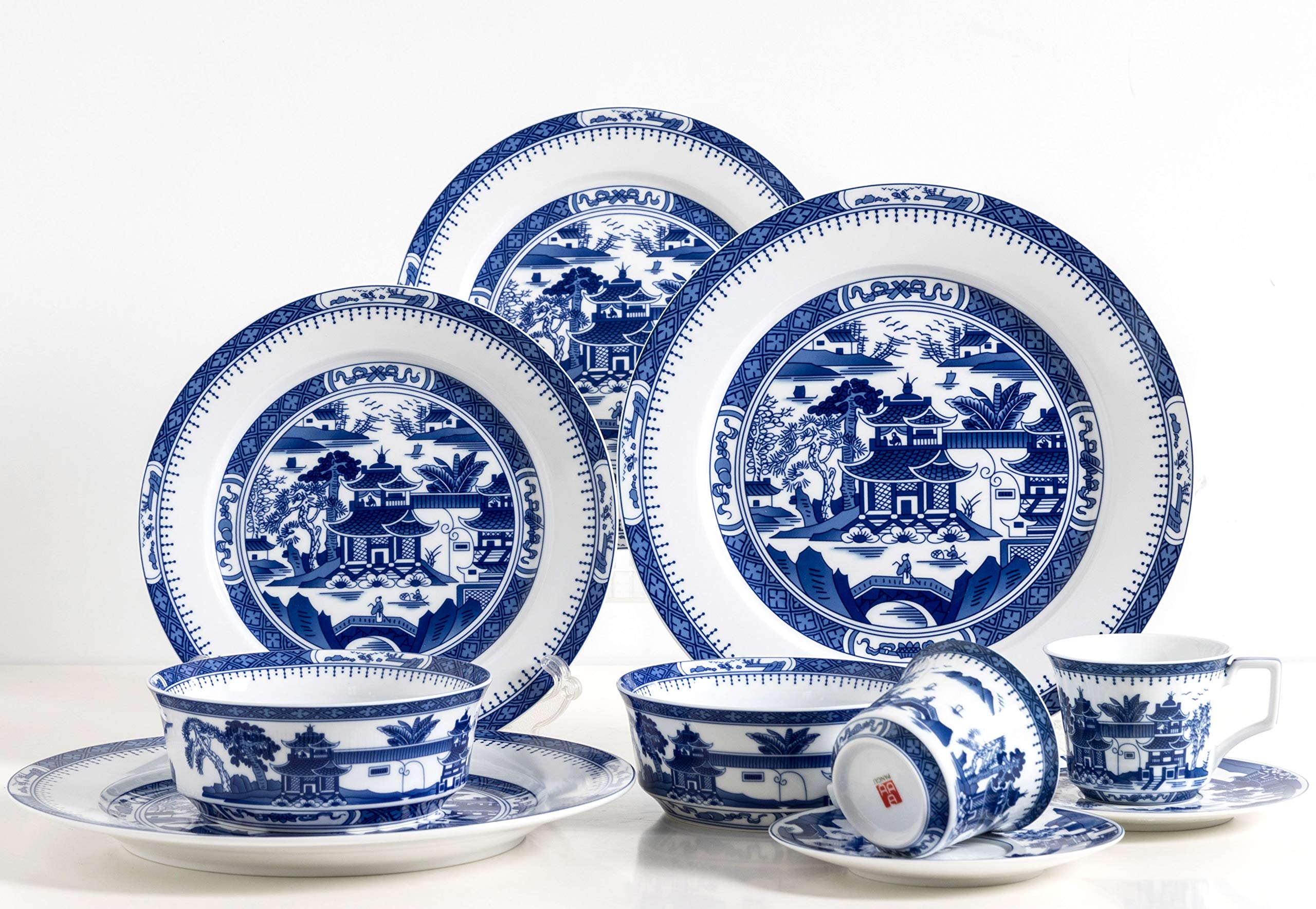 Pangu HandMade 10-Piece Dinnerware Set, Service for 2, Delft Blue, Blue and White, 2 Bowls, 2 Dishs, 2 Salad Plates, 2 Mugs and Saucers