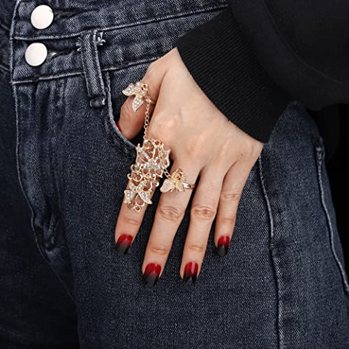 Yalice Charm Butterfly Full Finger Ring Bracelets Crystal Knuckle Open Ring Harness Hand Chains Adjustable Statement Rings Jewelry for Women and Girls Gift