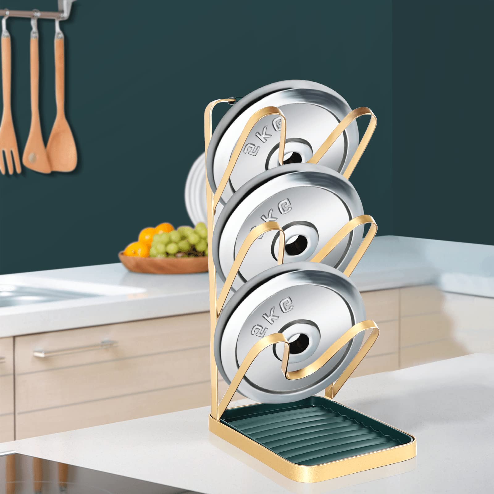 ZXMOTO Pot Lid Holder Spoon Rest Holder Utensil Rests for Kitchen Cabinet Spatula Rack Countertop Lid Organizer with Drip Pad 3-Tiers