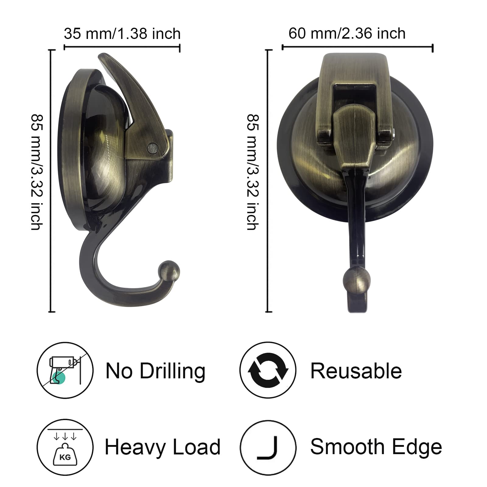 YSSILADI Suction Cup Hooks Heavy Duty Vacuum Suction Shower Hooks Glass Suction Cup Hooks Bathroom Robe Hooks Reusable, No Hole Punched, for Garland Decoration (Bronze, 4 Pack)