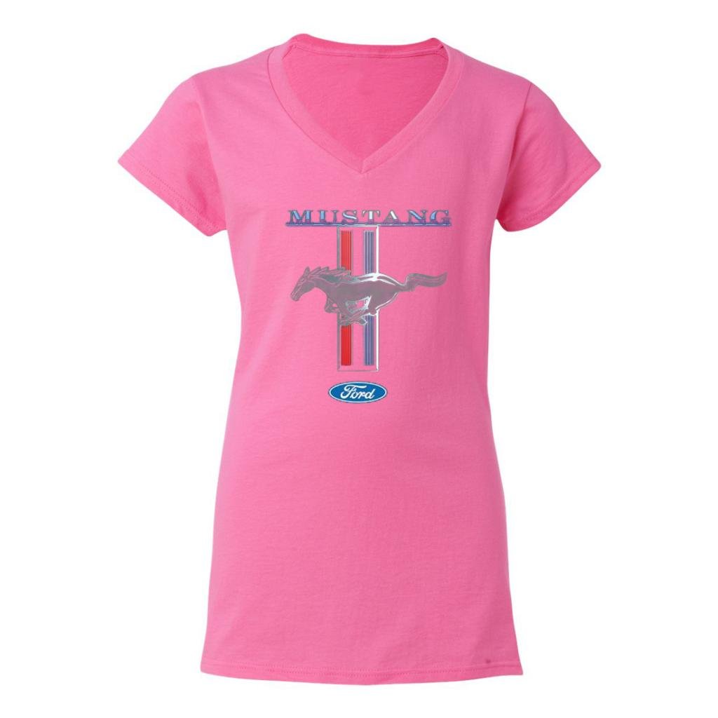 Mustang Logo Ford Symbol Women's V-Neck Shirt Tee Motor Classic Cars Racing Tee Pink, Medium