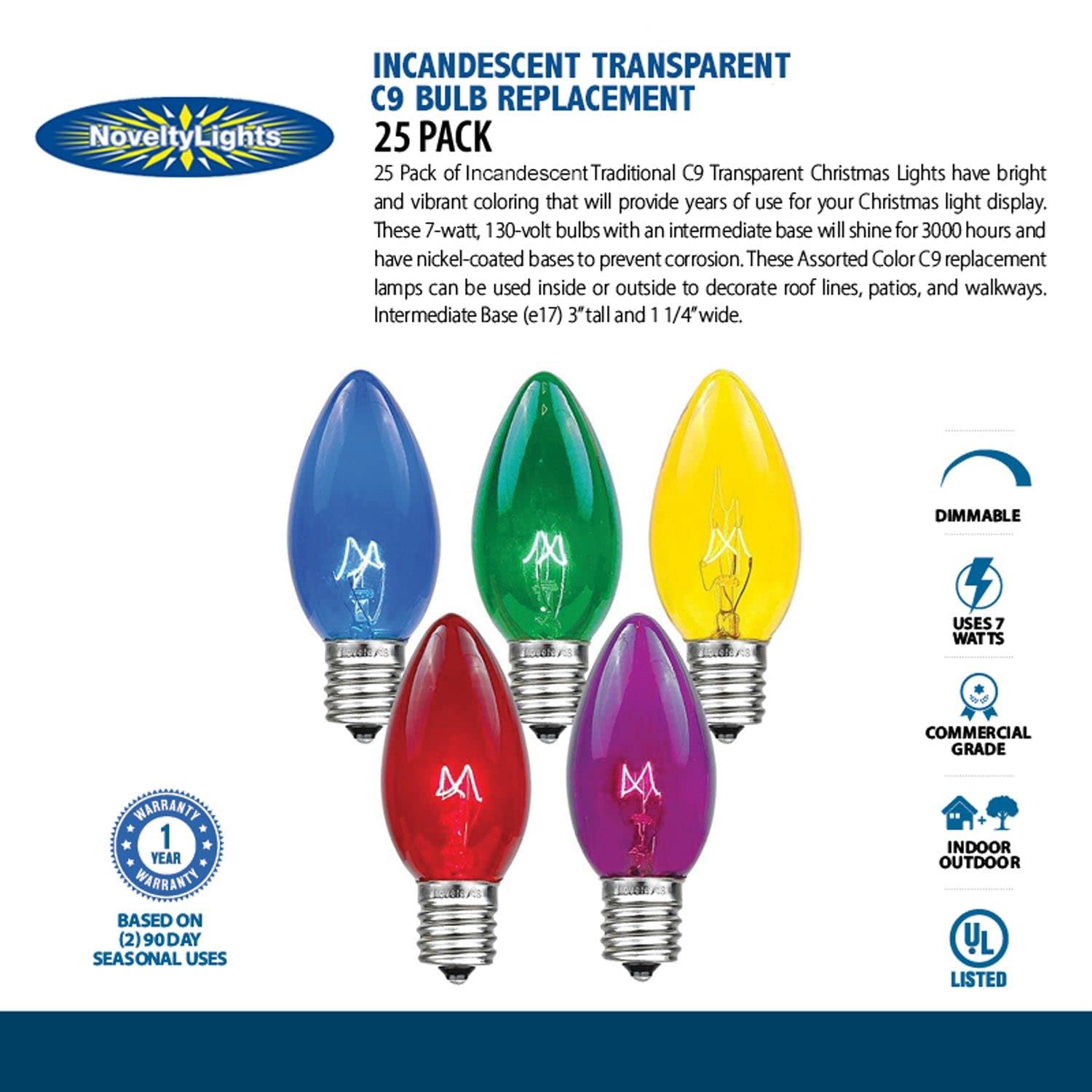 Novelty Lights Incandescent Christmas Replacement Bulbs - Indoor/Outdoor Individual Bulbs for Christmas Tree, Display, & More - C9/E17 Intermediate Base, 7 Watt Lights (Clear, 25 Pack)