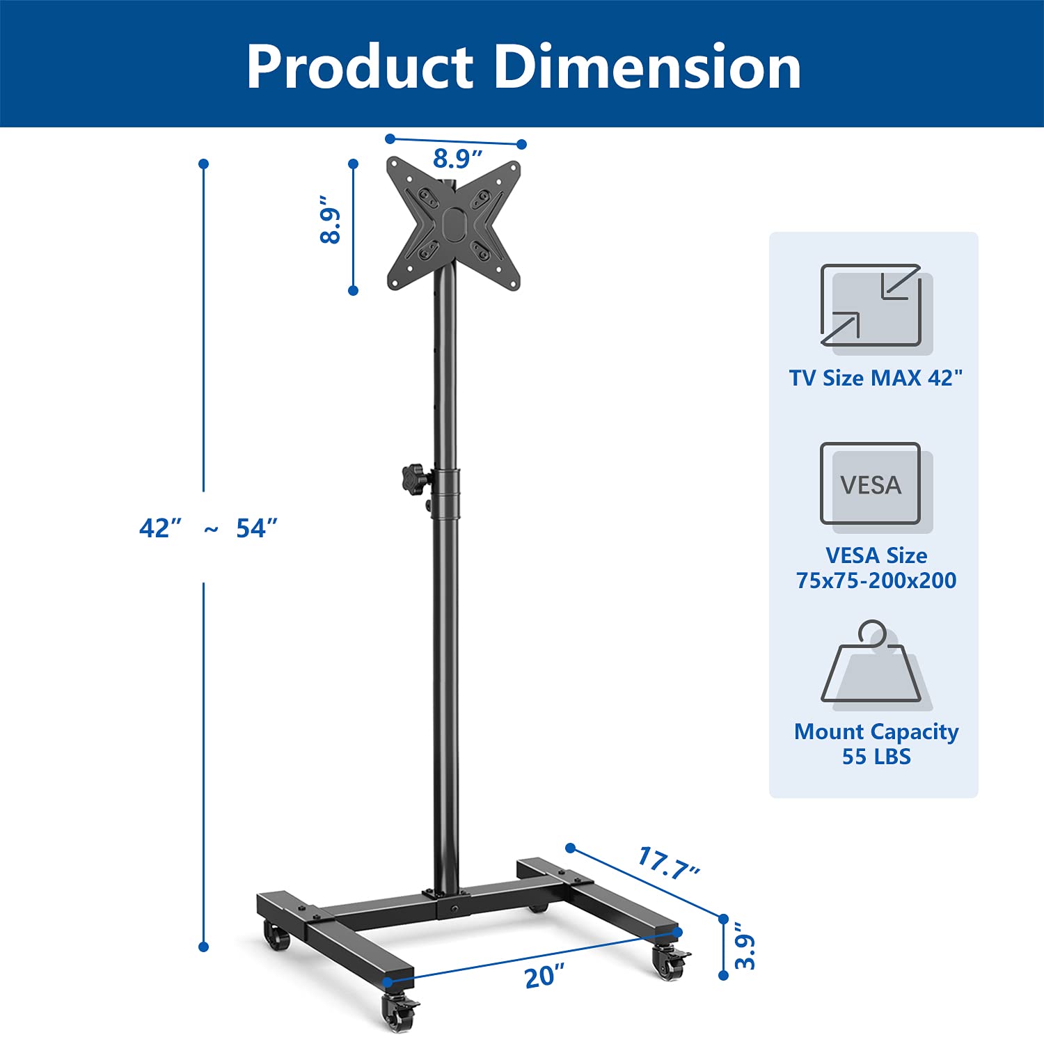 Rfiver Rolling Floor TV Stand with Mount for 13-43 Inch Flat Screen/Curved TVs, Portable Mobile TV Cart Display Stand with Wheels and Height Adjustable, Black
