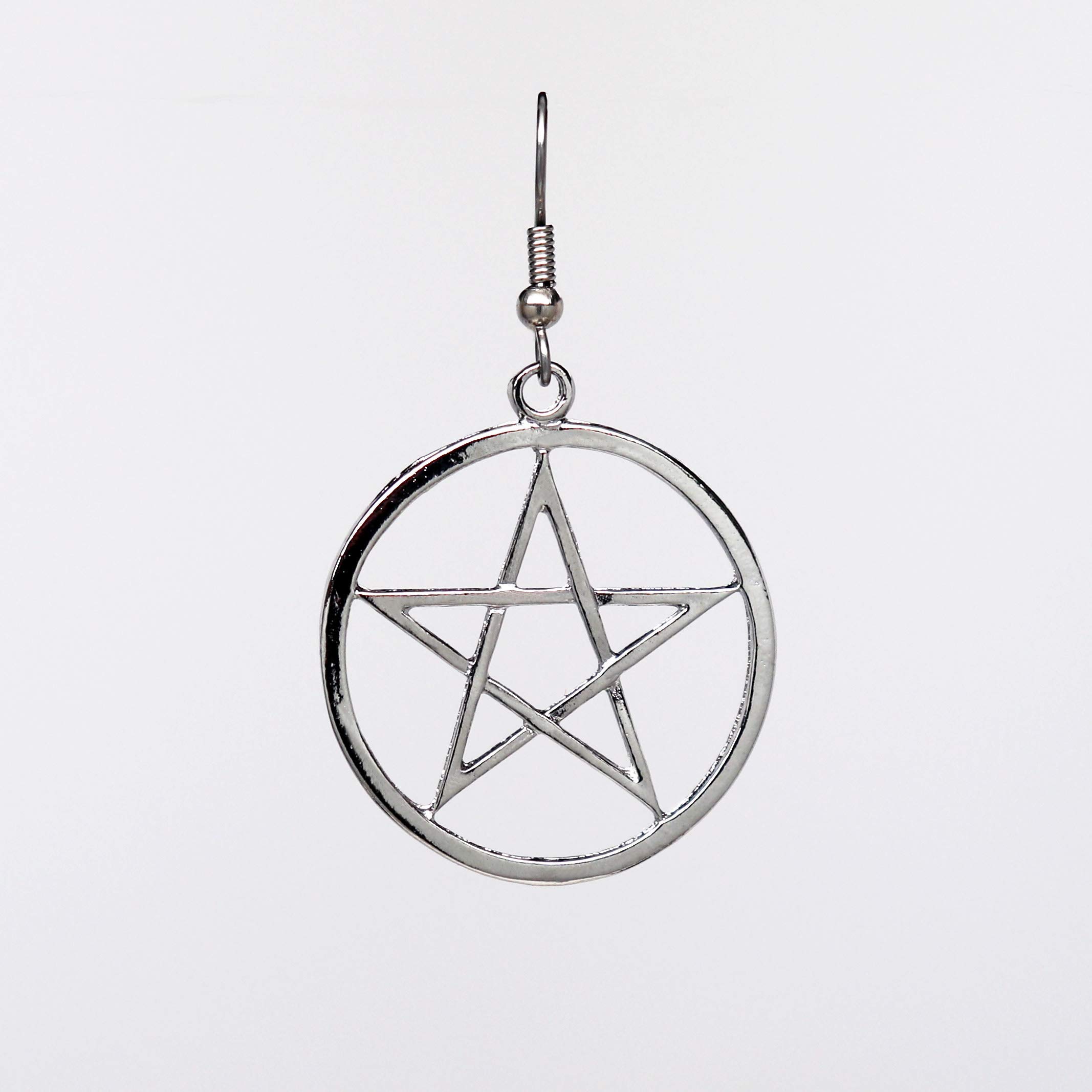 Pagan Wiccan Pentagram Pentacle Silver Finish Dangle Earrings
