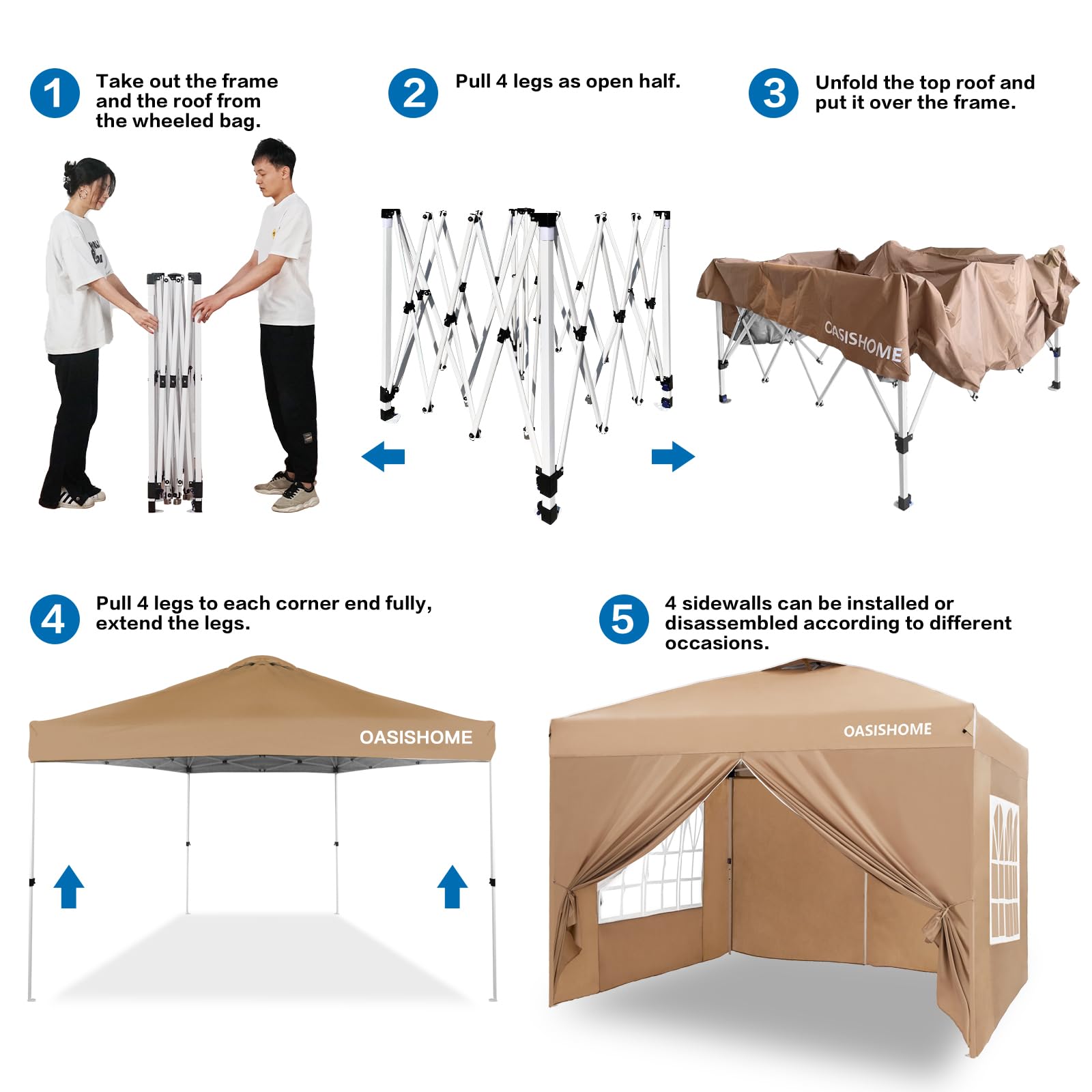 OASISHOME Pop-up Gazebo Instant Canopy Tent 10'x10', with 4 Sidewalls, Windows, Wheeled Bag, for Patio/Outdoor/Wedding Parties and Events (10FTx10FT, Khaki)