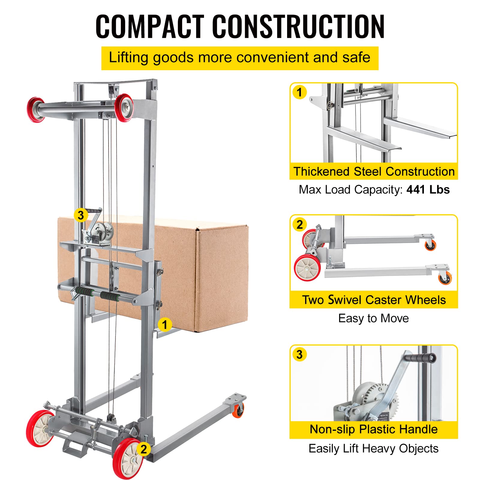 VEVOR Manual Winch Stacker, 41.7"L x 25.8"W Hand Winch Lift Trucks w/ 8.7" β 106.3" Height Range, with 441 lbs Capacity and Adjustable Straddle, Material Lifts for Warehouse and Factory