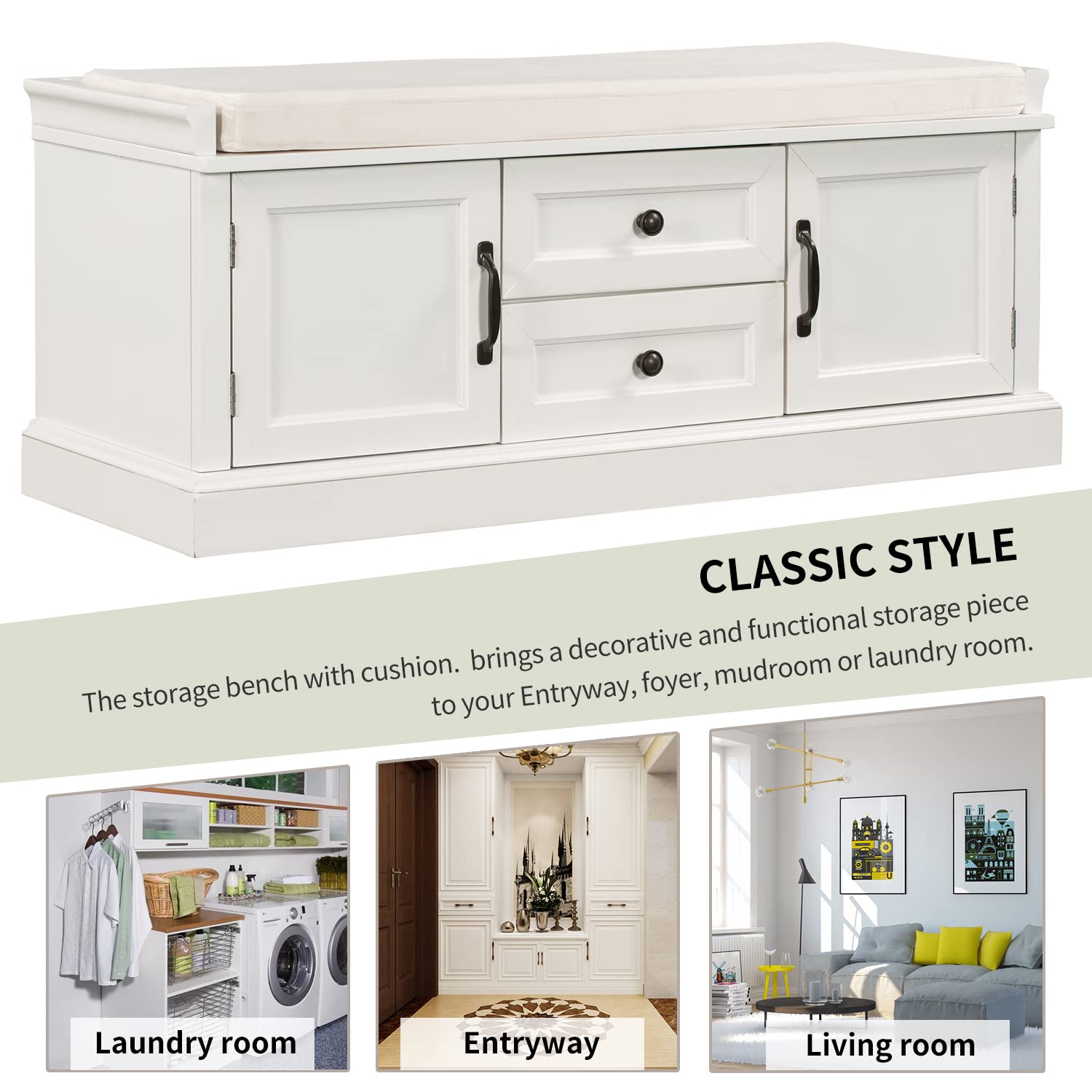 Shoe Bench Entryway with Storage, Entryway Bench with Removable Cushion, Solid Wood Storage Bench with 2 Drawers and 2 Cabinets for Living Room, Hallway, Closet, 42.5"L x 15.9"W x 17.5"H,White