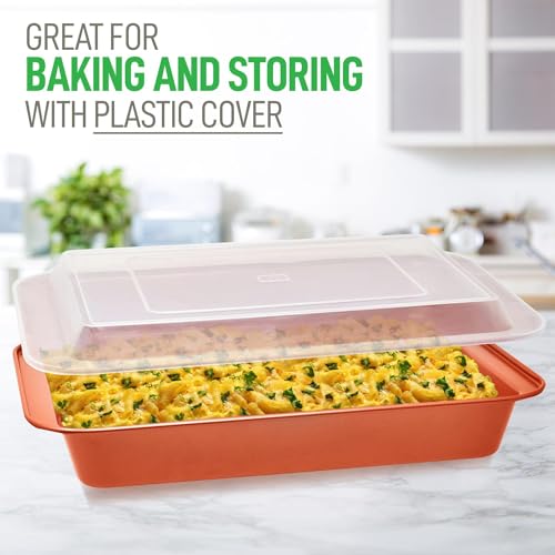 NutriChef 5-Piece Baking Pans Set - Stackable Cookie Sheets & Roasting Pan w/ Lid - Convenient Sizes for Cooking & Baking, Includes Built-in Silicone Handles - Easy to Clean, Copper
